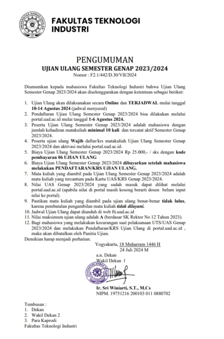 UJIAN ULANG SEMESTER GENAP 2023/2024 - Program Studi S1 Informatika