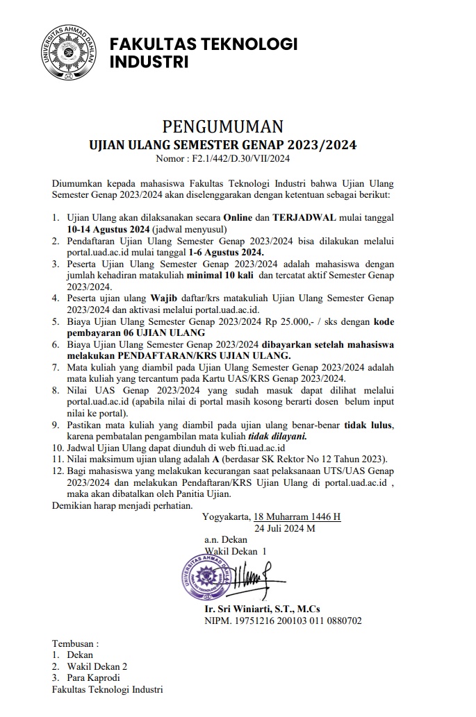 UJIAN ULANG SEMESTER GENAP 2023/2024 - Program Studi S1 Informatika